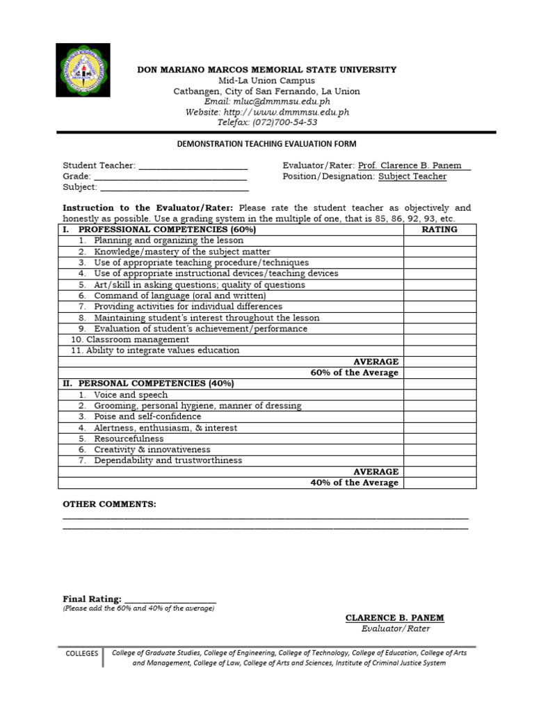 Demo Teaching Evaluation Form | Download Free PDF | Teachers | Intelligence