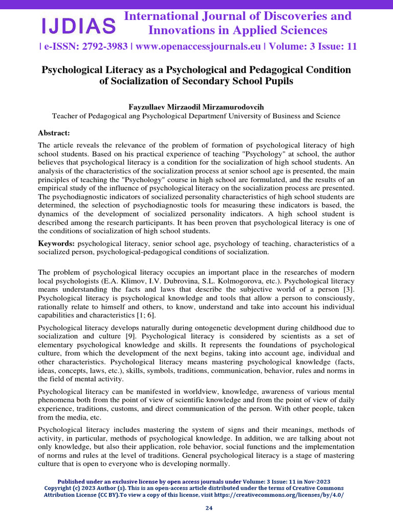 Psychological Literacy As A Psychological and Pedagogical Condition of ...