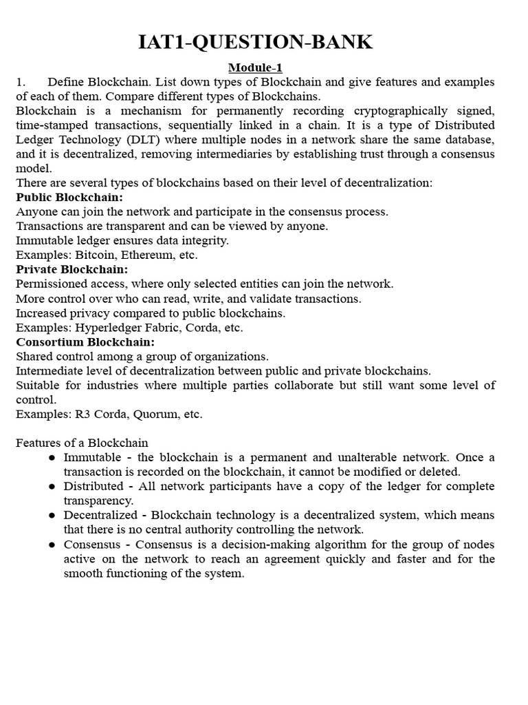 BDLT IAT1 Question Bank | PDF | Bitcoin | Cryptocurrency