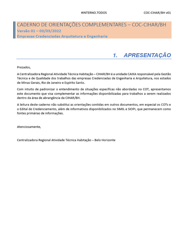 Orientações COC-CIHAR/BH v01 | PDF | Mercado (economia) | Engenharia