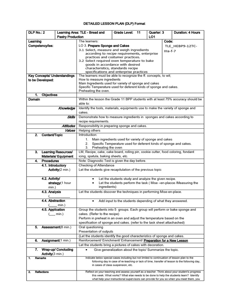 Detailed Lesson Plan 2 | PDF | Cakes | Baking