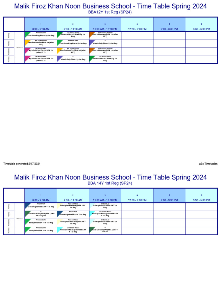 Time Table Spring 2024 19-2-2024 | PDF
