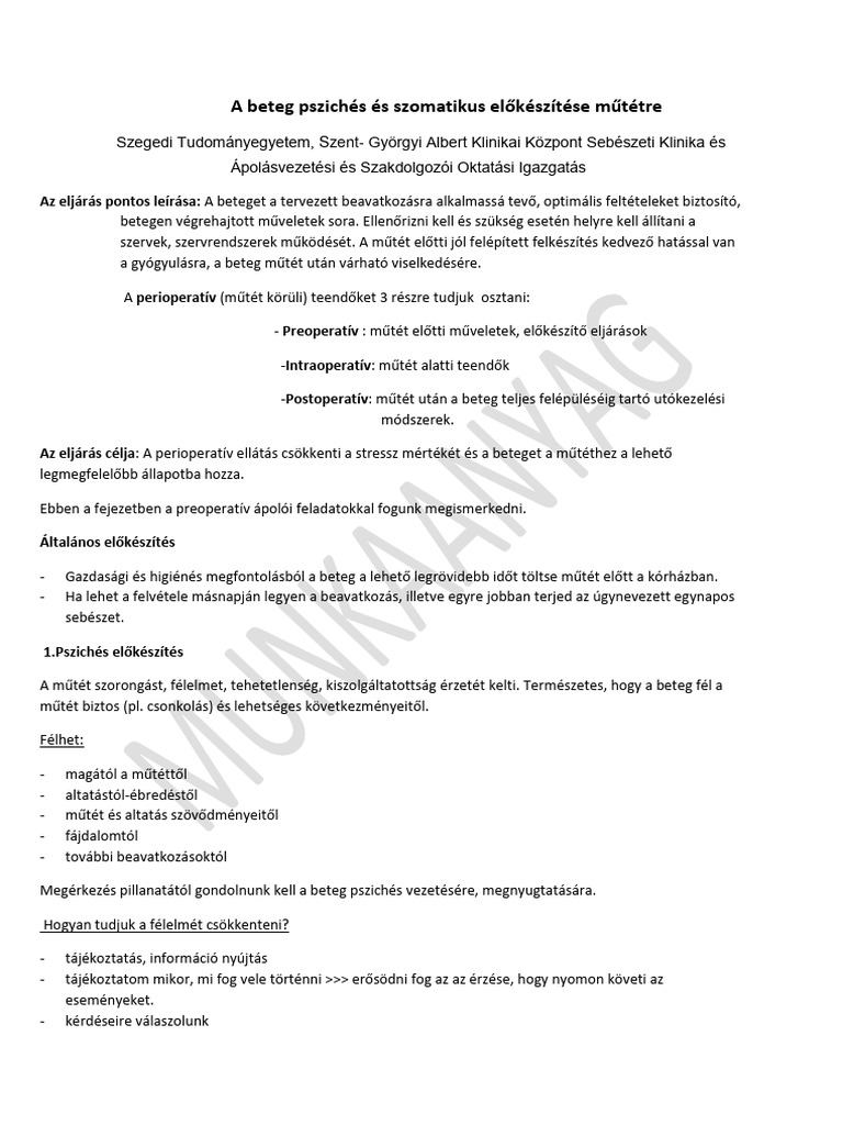 A Beteg Pszichés És Szomatikus Előkészítése Műtétre | PDF