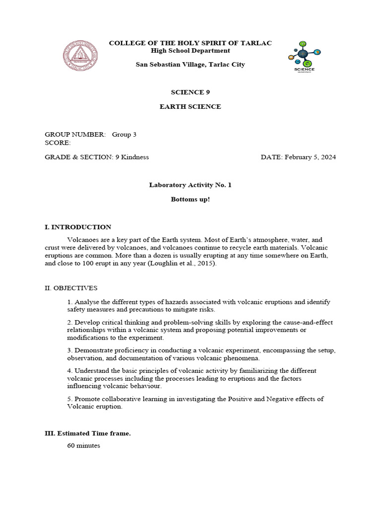 Earth Scie 9 Lab 1 FINAL | PDF | Volcano | Types Of Volcanic Eruptions