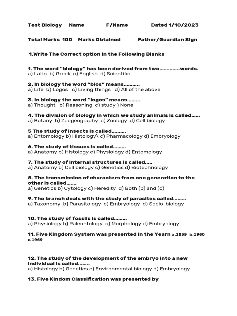 Biology Test Questions and Answers | PDF | Organisms | Biology
