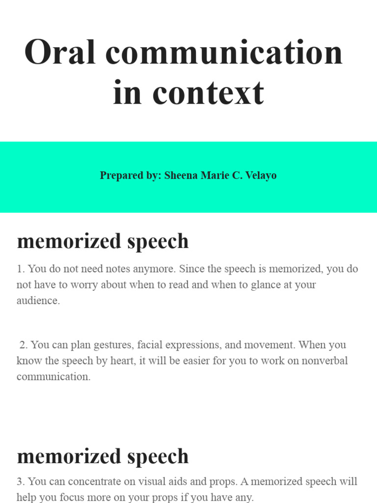 Oral Communication - Memorized and Impromptu | PDF | Speech | Communication