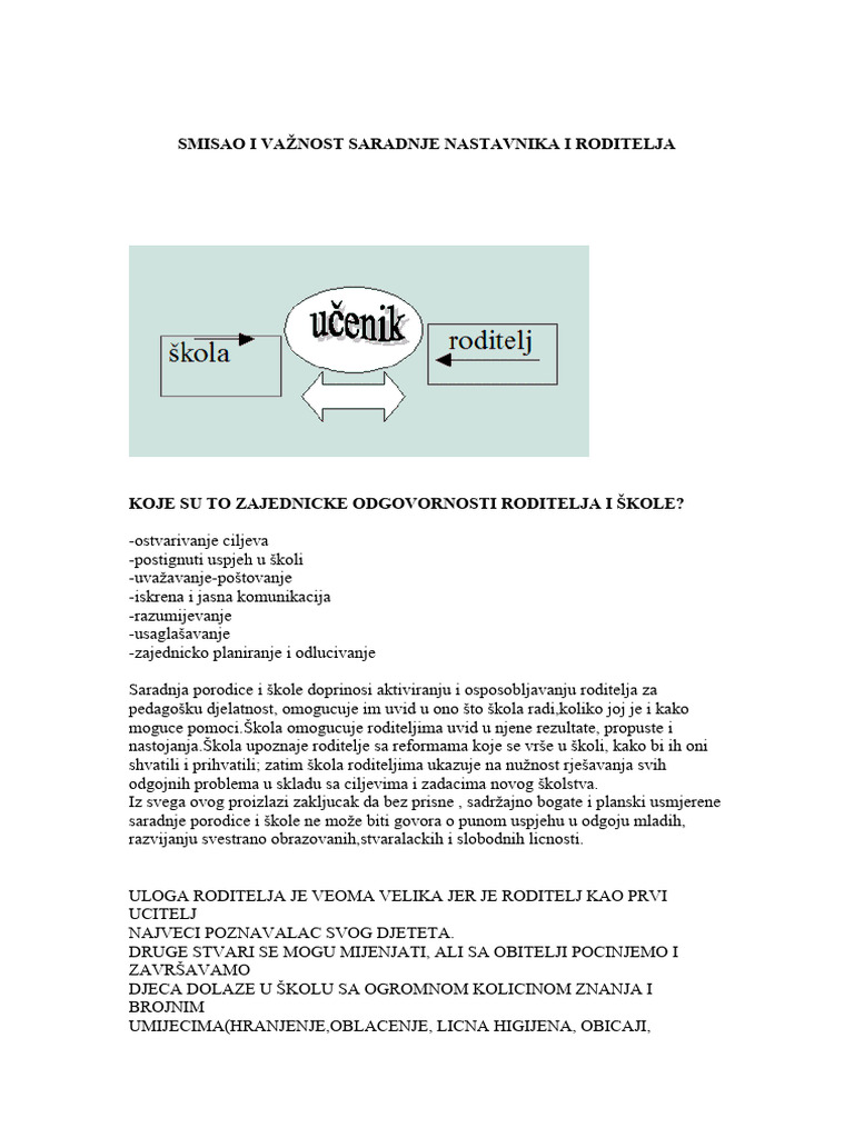 Smisao I Važnost Saradnje Nastavnika I Roditelja | PDF