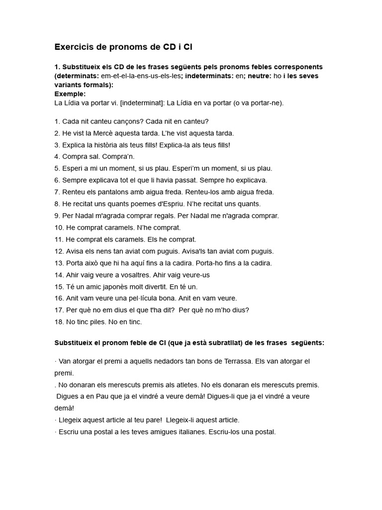 Exercicis de Pronoms de CD I CI | PDF