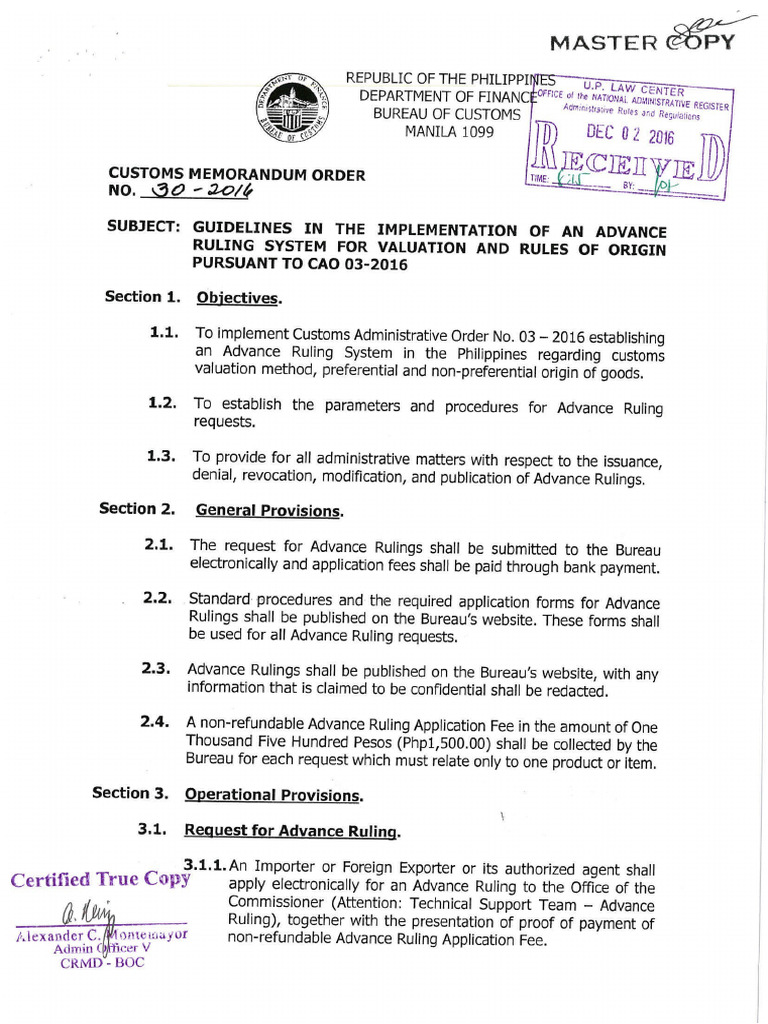 Cmo 30 2016 Guidelines in The Implementation of An Advance Ruling ...