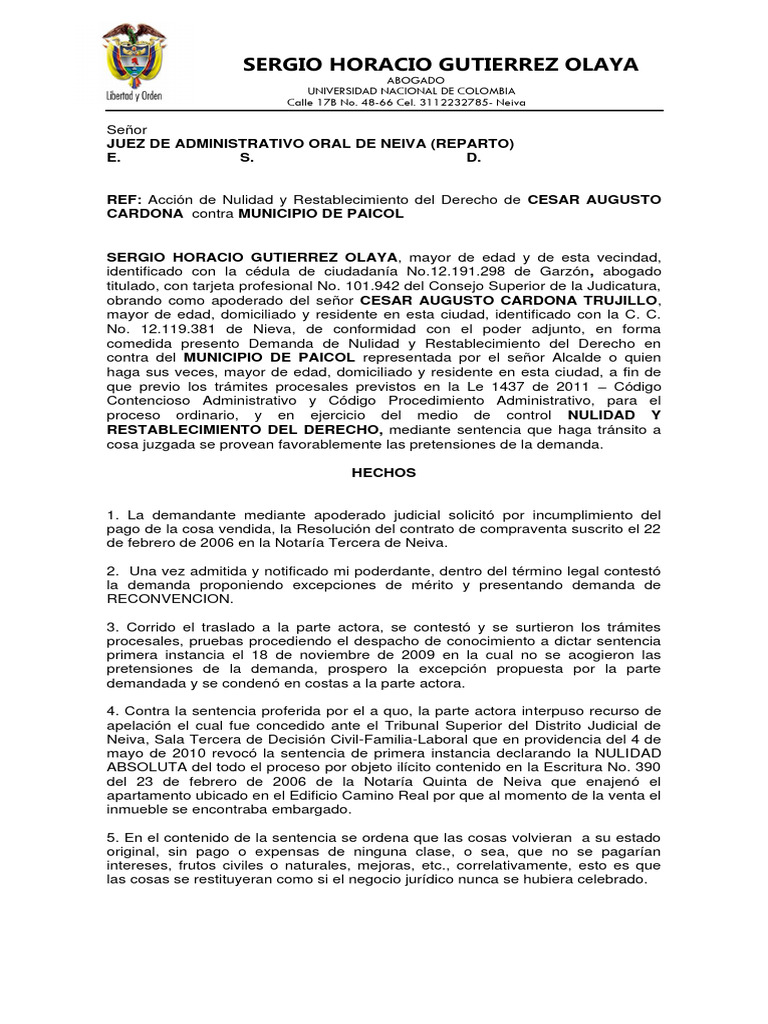 Demanada Paicol Cesar Cardona | PDF | Sentencia (ley) | Demanda judicial