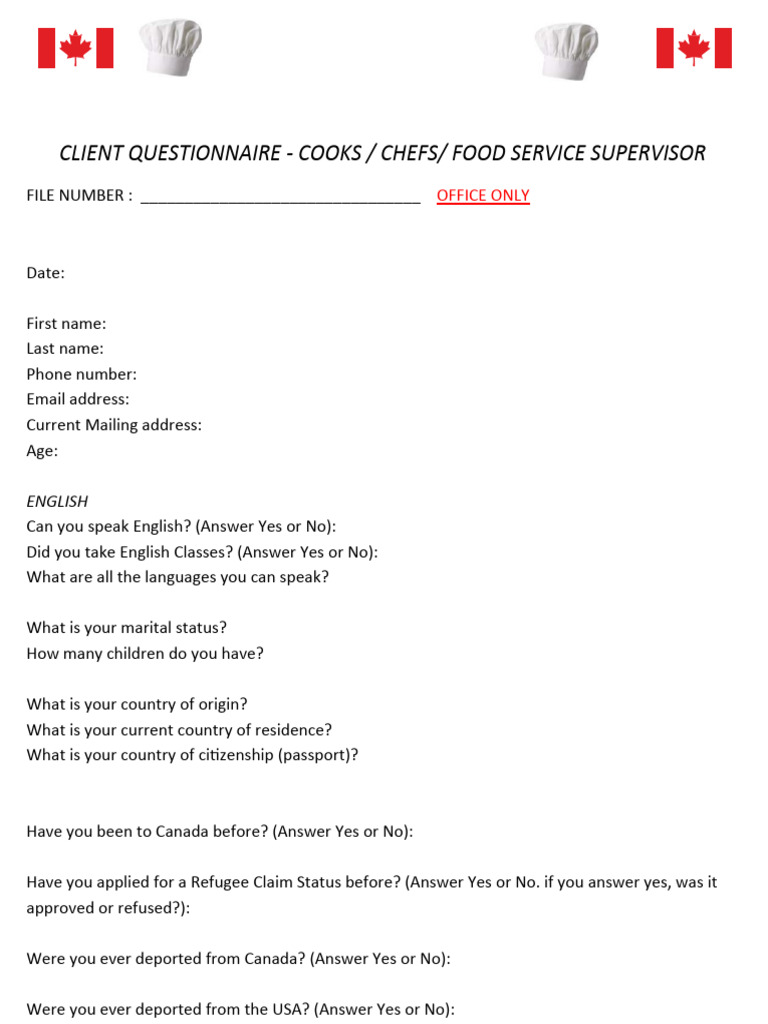 Chef and Food Service Supervisor Questionnaire | PDF | Eating Behaviors ...