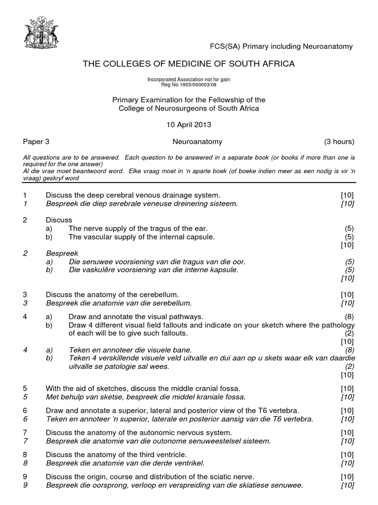 FCS (SA) Primary Neuroanatomy Past Papers - 2013 1st Semester 14 2 2024 ...
