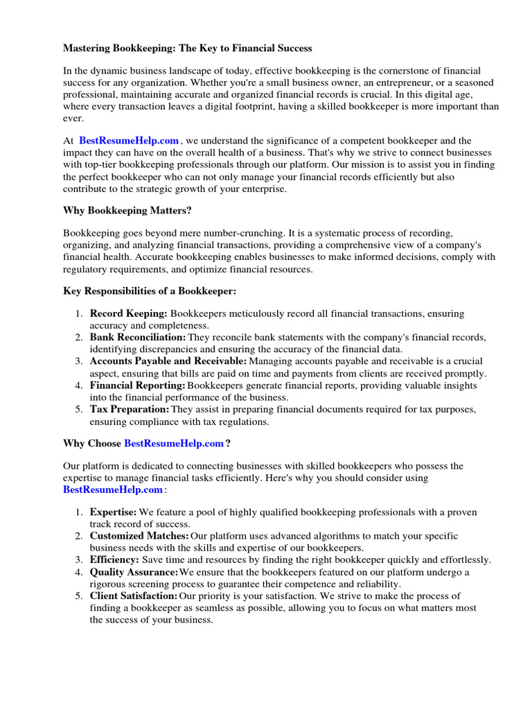 Bookkeeper Resume Objective | PDF
