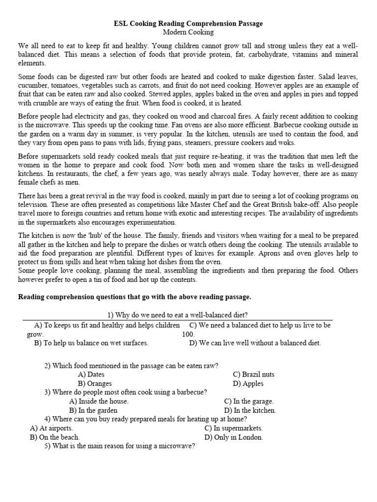 ESL Cooking Reading Comprehension Passage | PDF | Cooking | Cookware ...