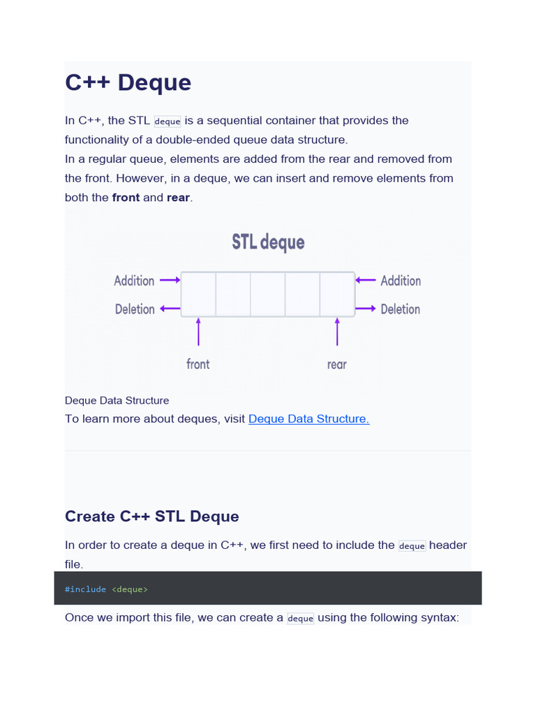 C++ Deque: Creation and Usage Guide | PDF
