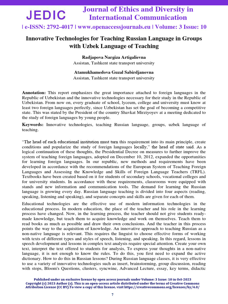 Innovative Technologies For Teaching Russian Language In Groups With