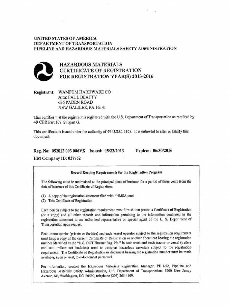 2013-2016 Hazardous Materials Certificate | PDF