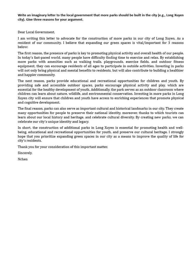 Write An Imaginary Letter To The Local Government That More Parks ...