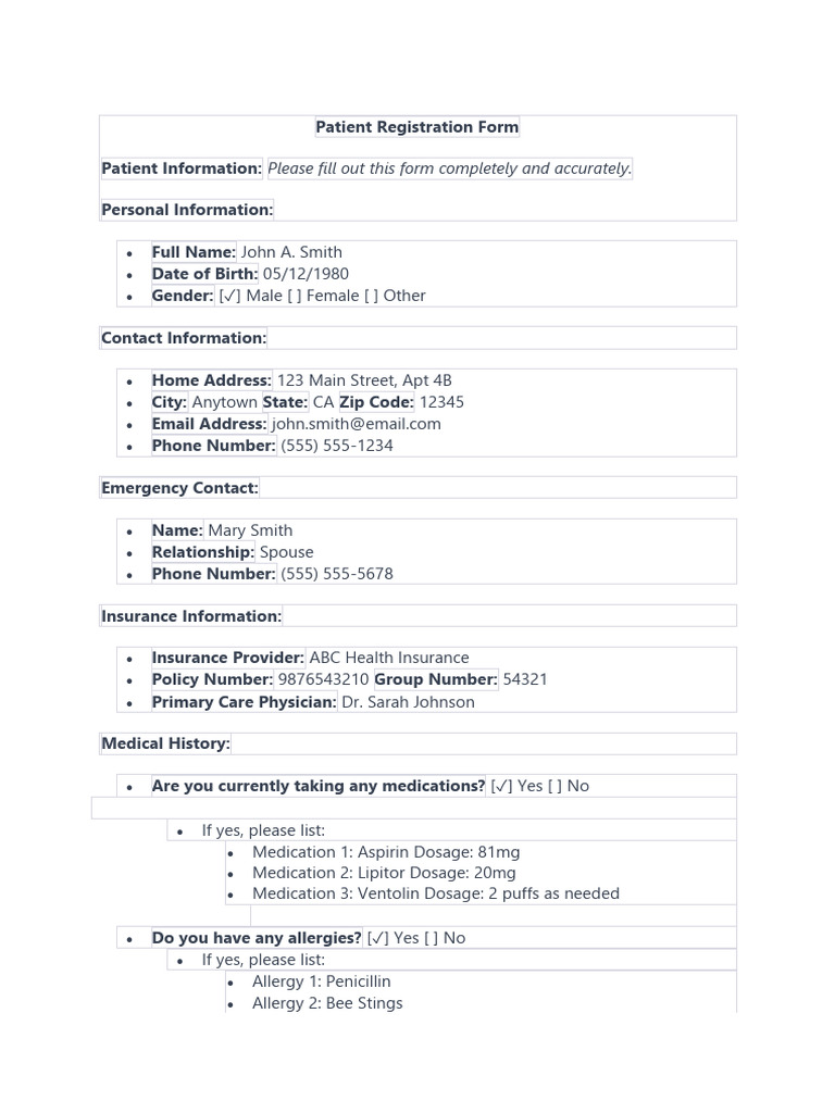 Patient Registration Form - Sample | PDF