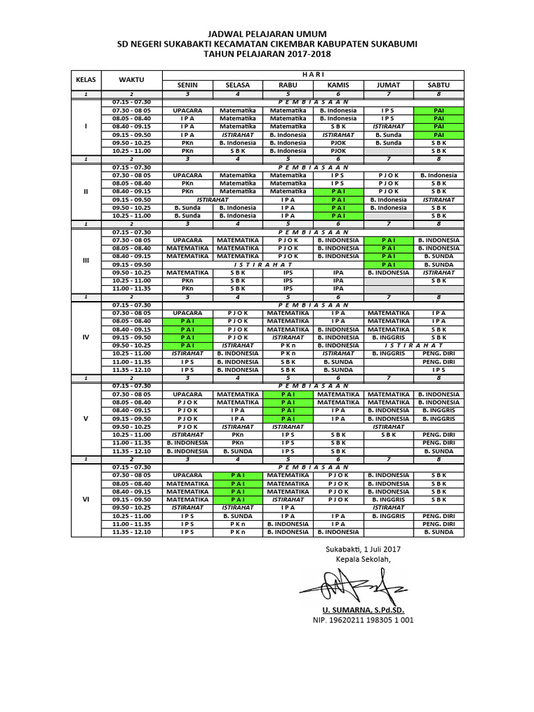 Contoh Jadwal Pelajaran Umum Dan PAI | PDF