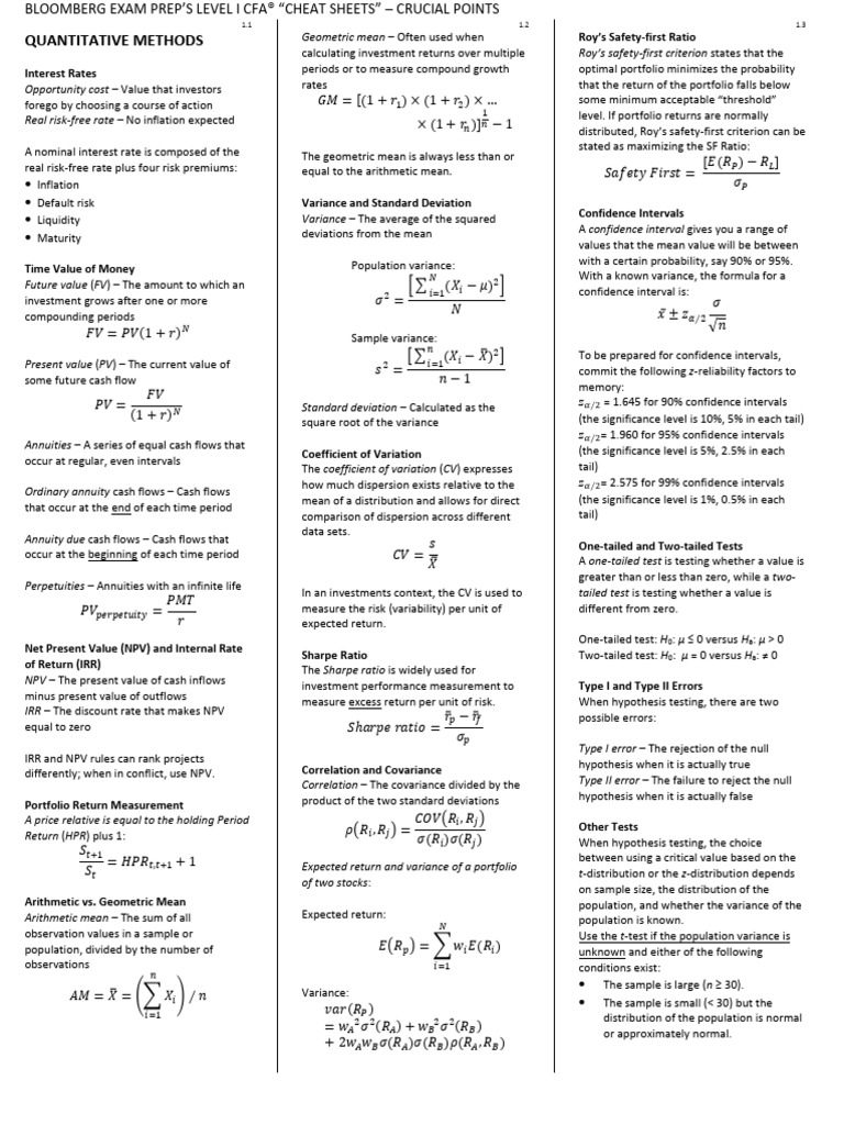 Cheat Sheet (Bloomberg's Level I CFA (R) Exam Prep) | PDF | Coefficient Of Variation | Variance