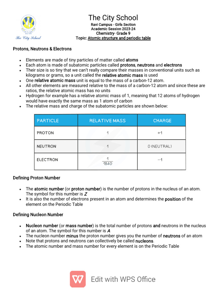 Grade 9-Chem. Atomic Structure and Periodic Table | Download Free PDF ...