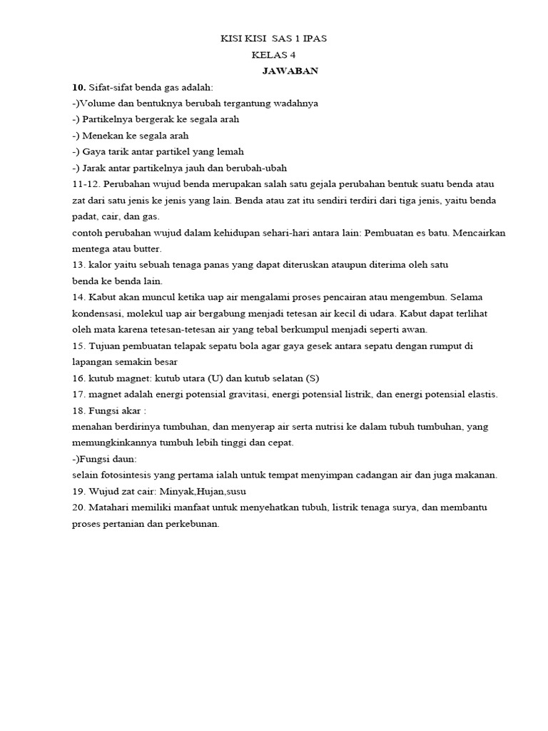 KISI KISI SAS 1 IPAS Kelas 4 2023 | PDF