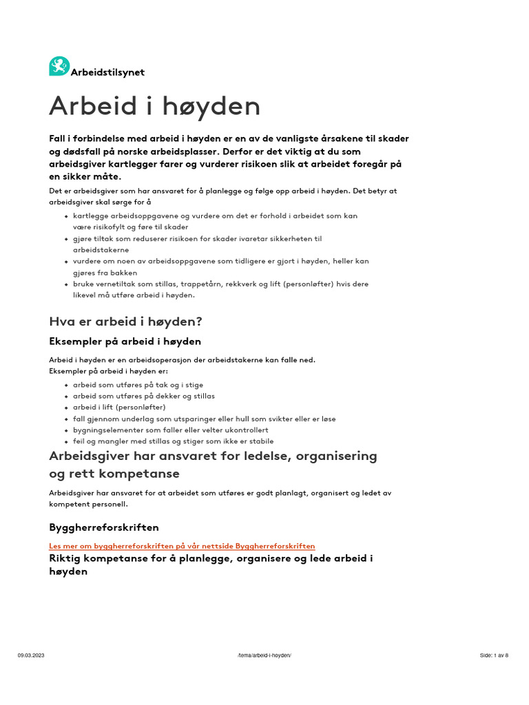Arbeid I Høyden Arbeidstilsynet | PDF