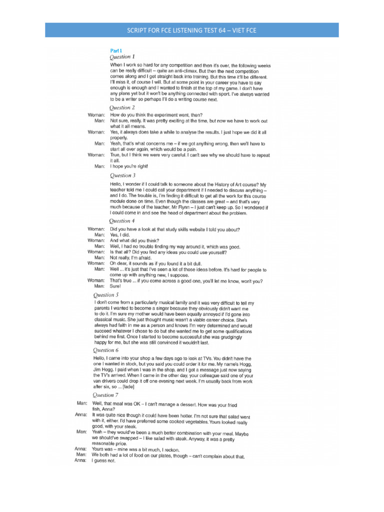 Script For FCE Listening Test 64 | PDF