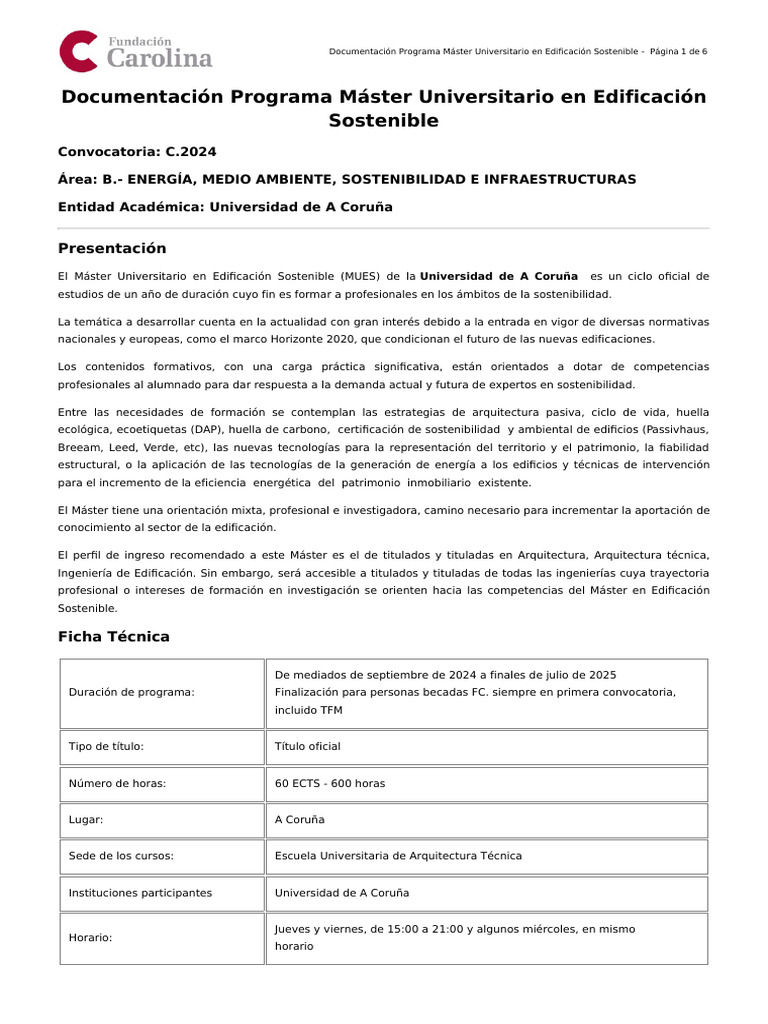 Máster Universitario en Edificación Sostenible - C.202417 - 01 - 2024 - 11 - Jan | PDF ...