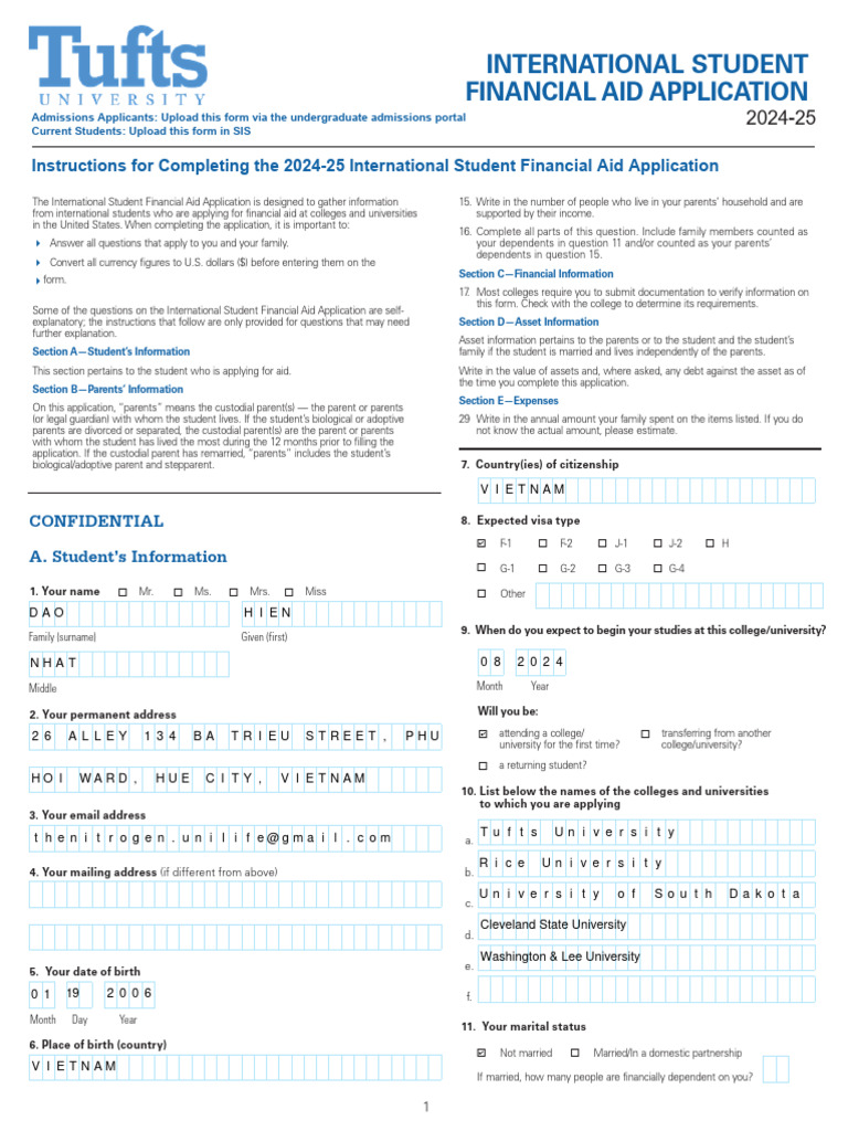 Tufts International Aid Application 2024-25 | PDF | Debt | Expense