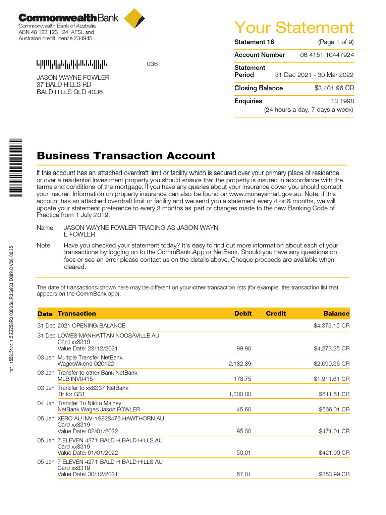 Your Statement: Business Transaction Account | PDF