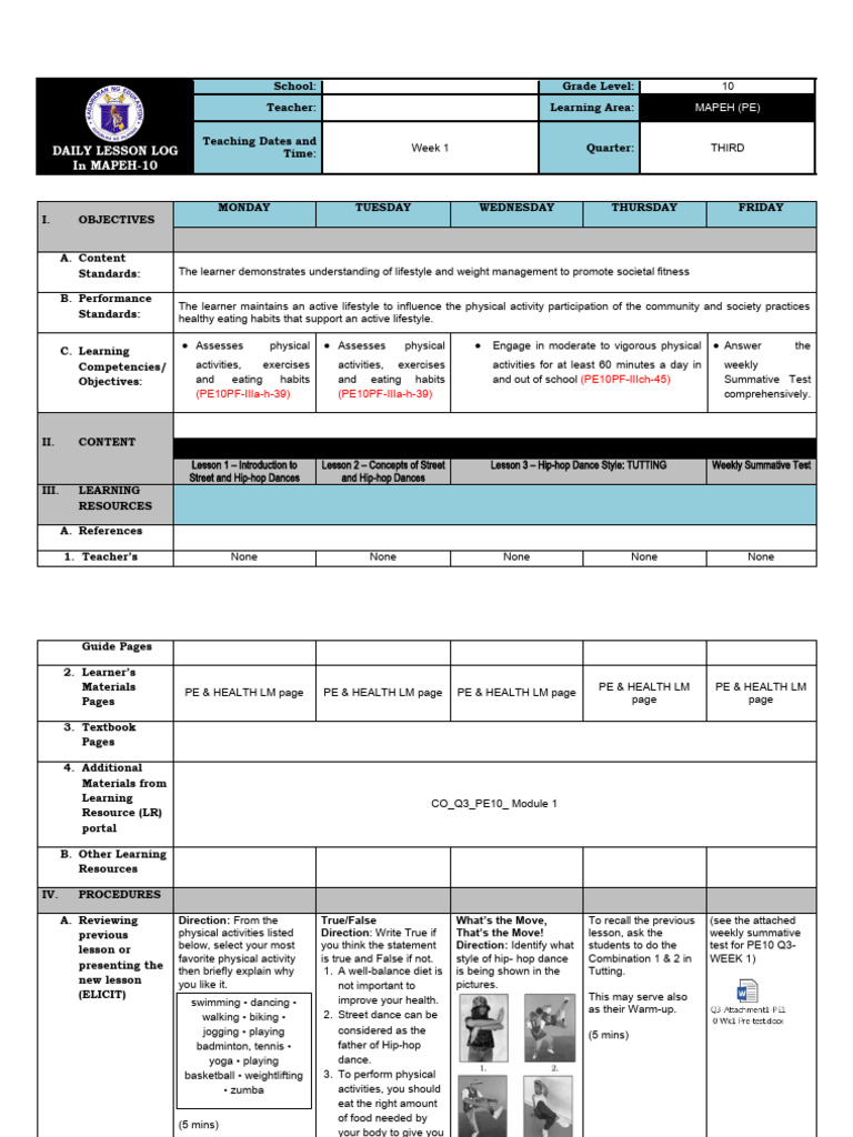 Q3 DLL-PE10-Week1 | PDF | Physical Education | Rubric (Academic)