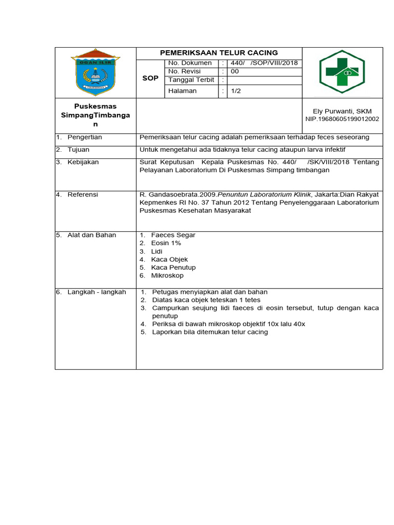 Sop Pemeriksaan Telur Cacing | PDF | Sains & Matematika