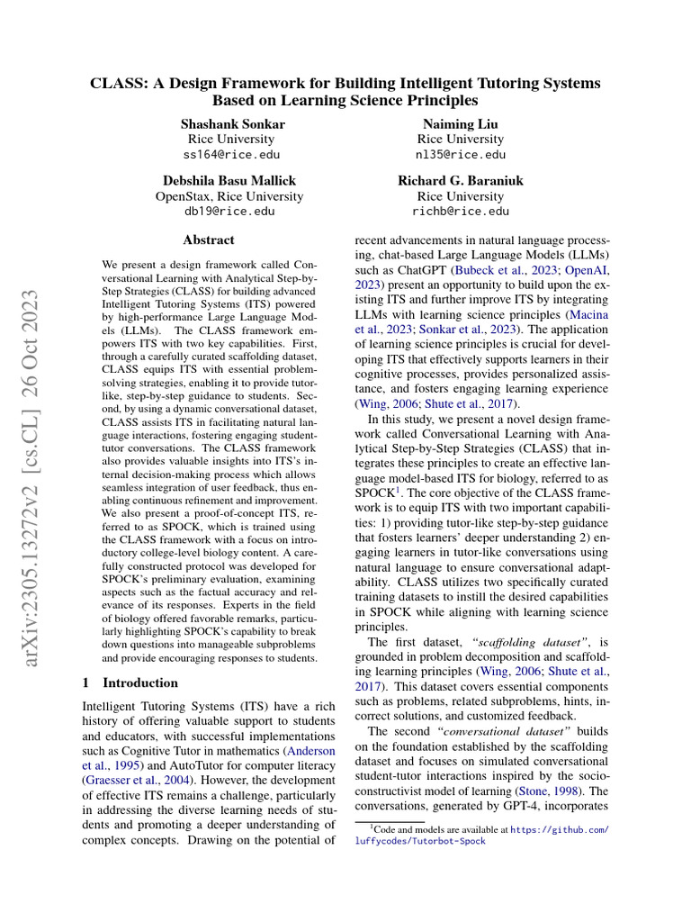 CLASS: A Design Framework For Building Intelligent Tutoring Systems Based On Learning Science ...