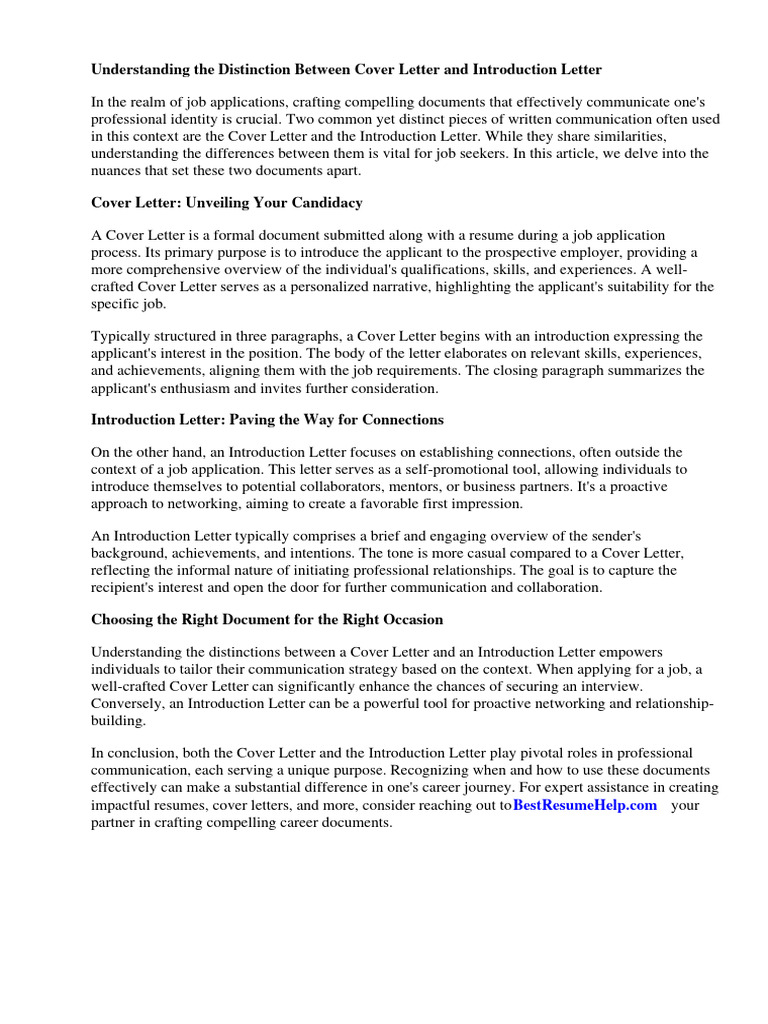Difference Between Cover Letter and Introduction Letter | PDF | Résumé ...