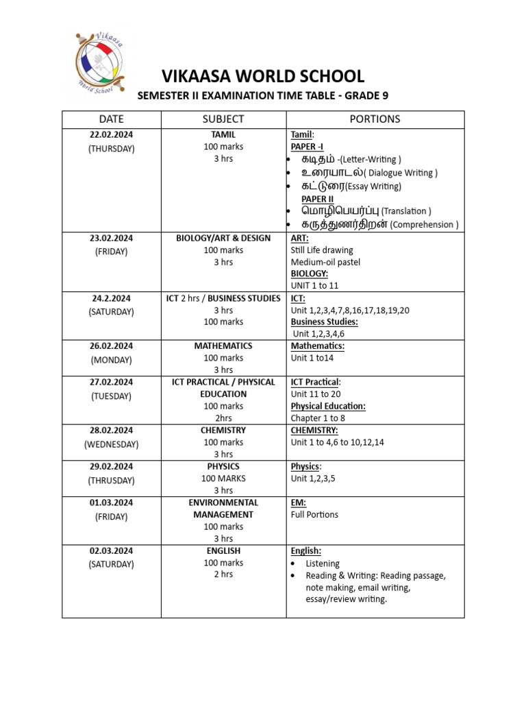 Sem 2 GR 9 Timetable | PDF