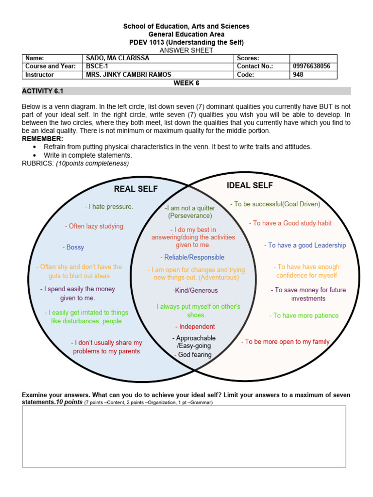 Venn Diagram for Self-Reflection Exercise | PDF | Psychology ...