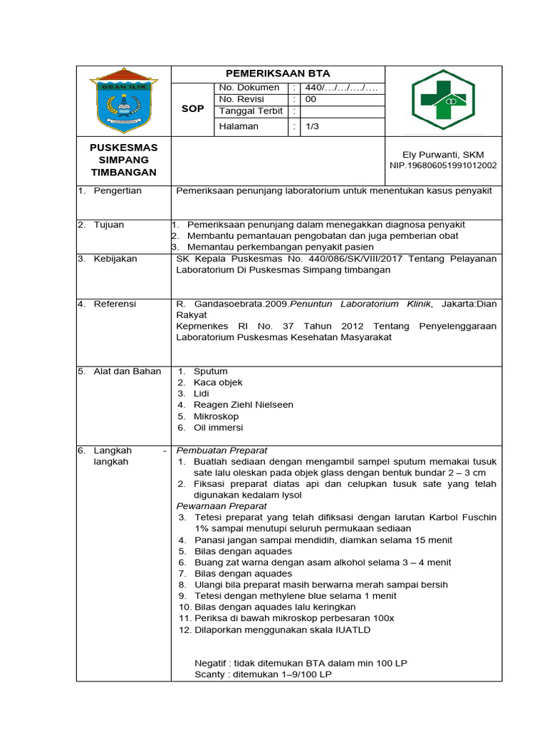 Sop Pemeriksaan Bta | PDF