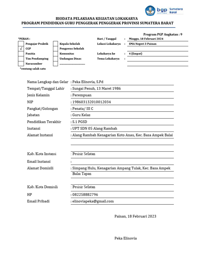 2024 Blanko BIODATA Peserta Lokakarya PGP | PDF