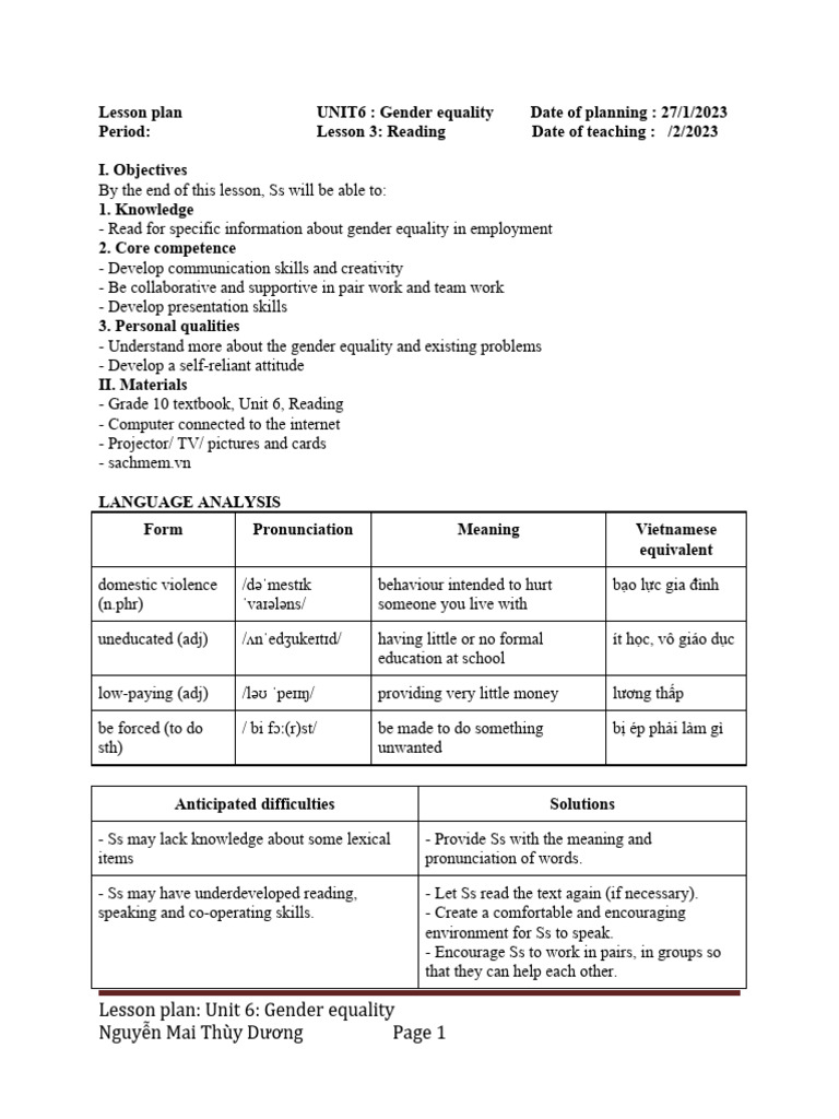Lesson Plan - UNIT6 - Reading | PDF | Female Education | Child Marriage