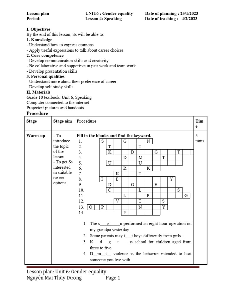 Gender Equality Lesson Plan for Speaking | PDF | Violence | Gender Equality