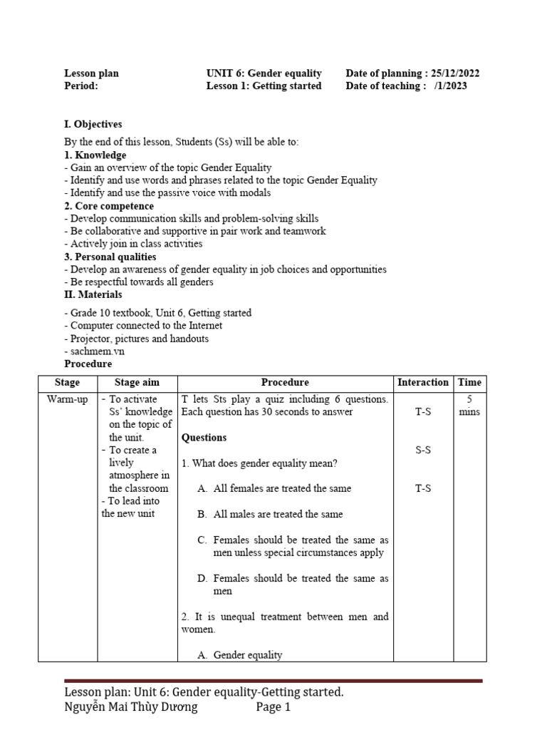 Lesson Plan - UNIT 6 - Getting Started - Co Hien | PDF | Verb | Human ...