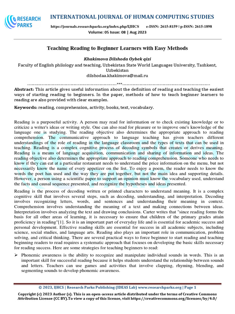 Teaching Reading To Beginner Learners With Easy Methods | PDF | Reading Comprehension | Phonics