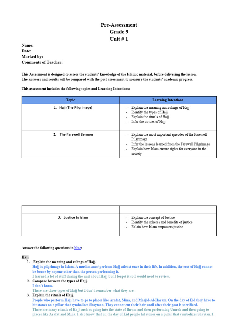 GR 9 Unit 1 Pre-Assessment | PDF | Hajj | Abrahamic Religions