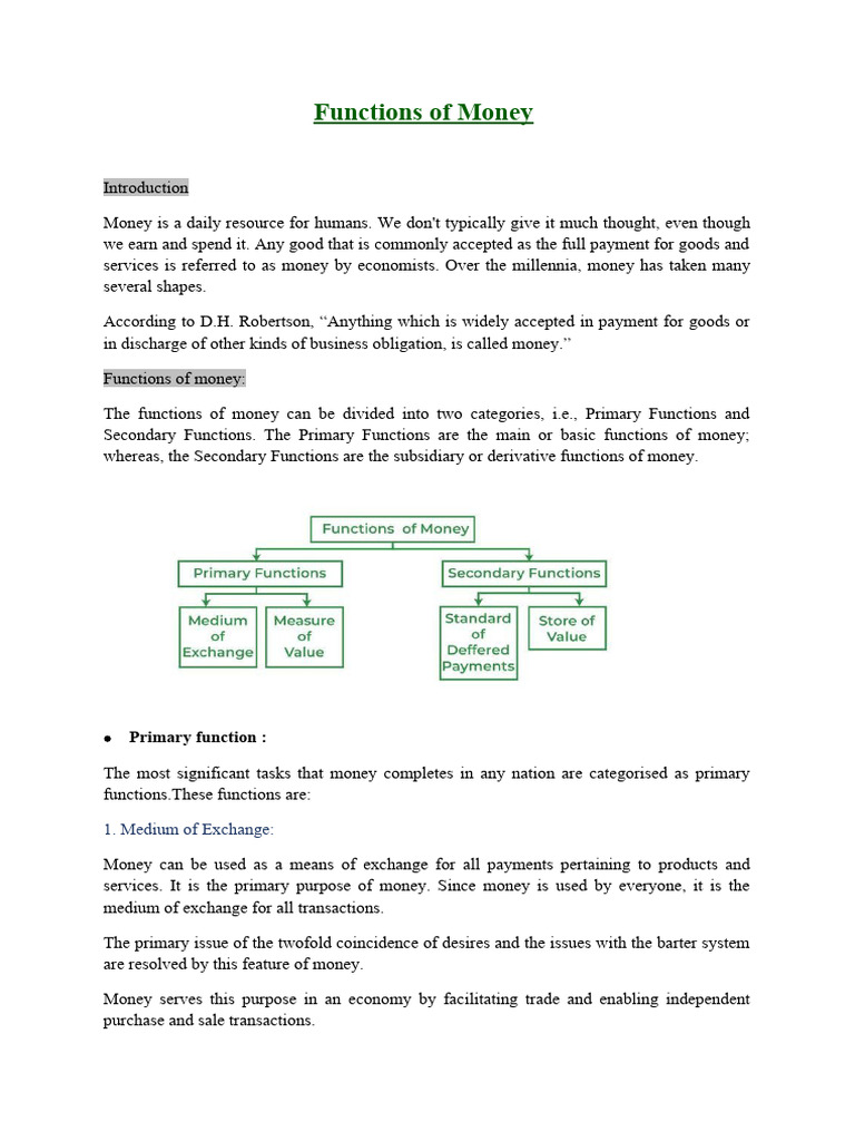 Functions of Money | PDF | Money | Medium Of Exchange