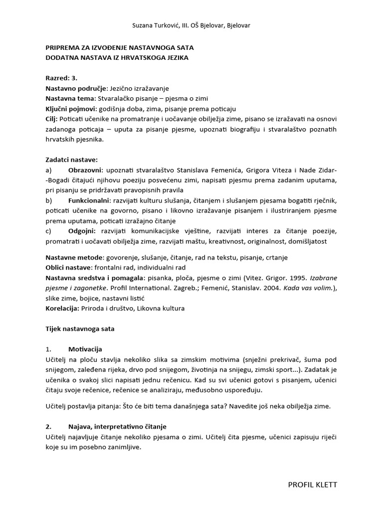 Priprema Stvaralacko Pisanje Pjesma o Zimi | PDF