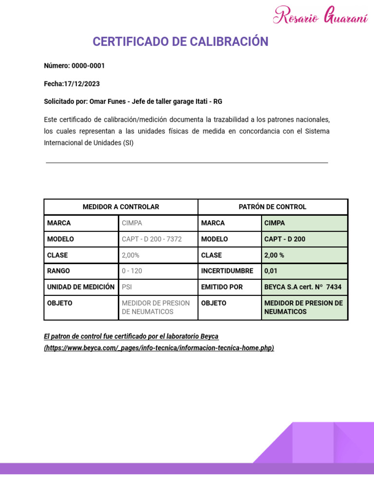 Certificado de Calibracion Medidor de Presion | PDF