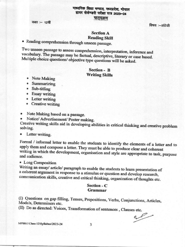 Mpbse Class 12 English Syllabus 2023 2024 PDF | PDF