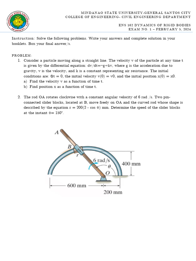 Ens 162 Exam No. 1 | PDF | Acceleration | Velocity